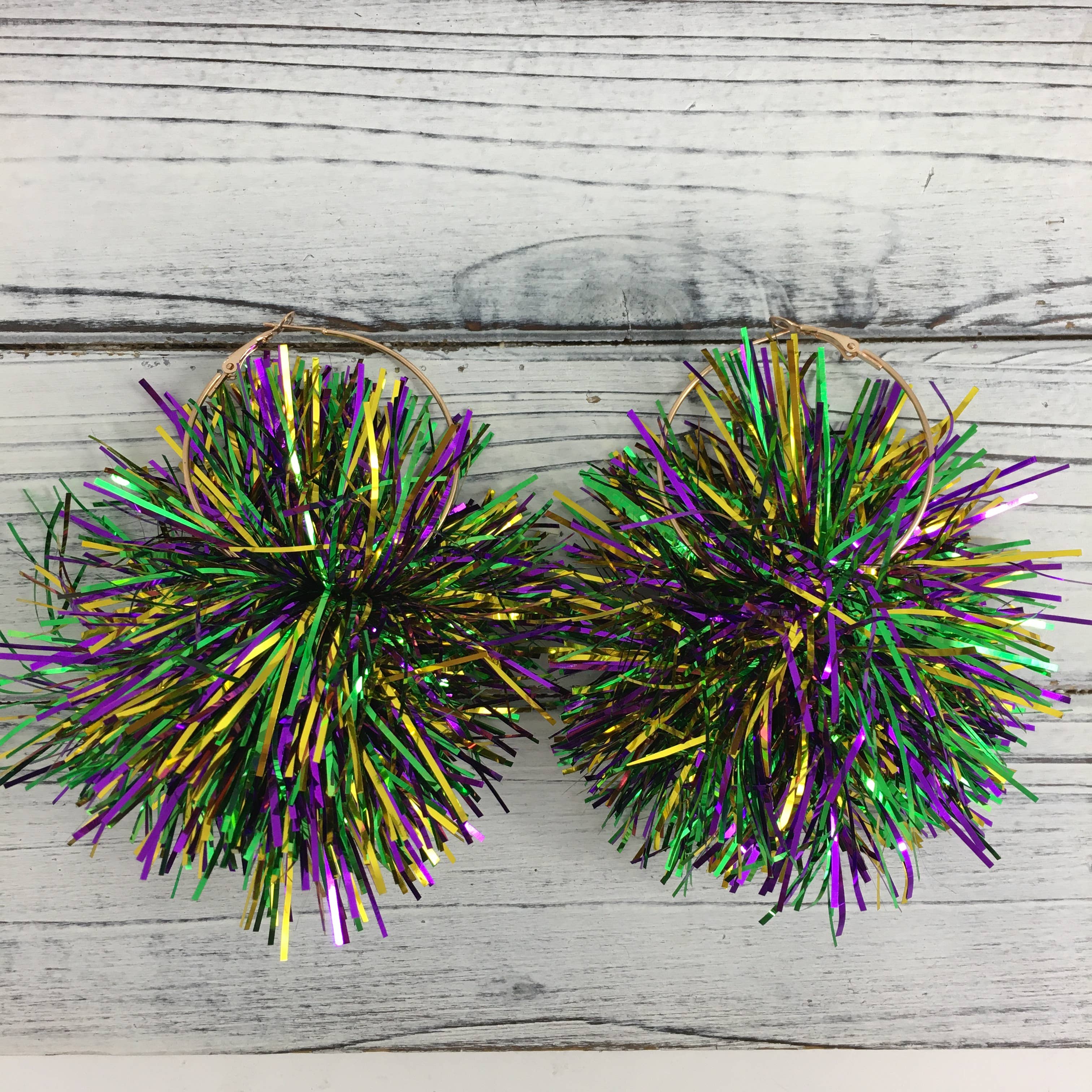 Mardi Gras tinsel pompom hoop earrings – BABE NOLA